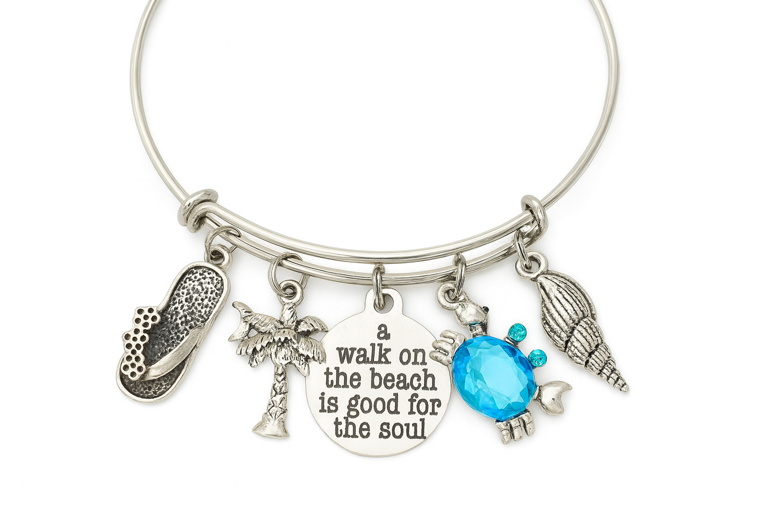 Beach Walk Charm Bracelet – Blue Crab, Palm Tree, Flip-Flop & Seashell ...