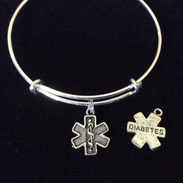 Silver Diabetic Medical Alert (Double Sided Charm) on an Adjustable Ba ...