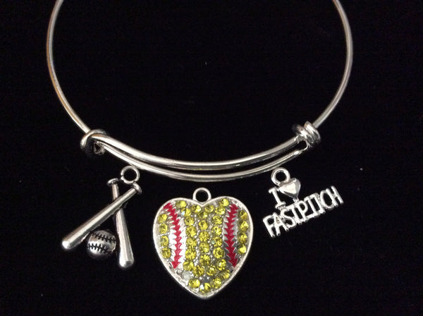 Fast Pitch Crystal Heart Softball Bats Silver Expandable Charm Bracele ...