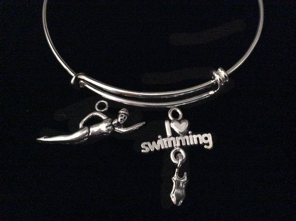 Swim Bracelet Silver Expandable Charm Bangle Love Swimming Sports Team ...